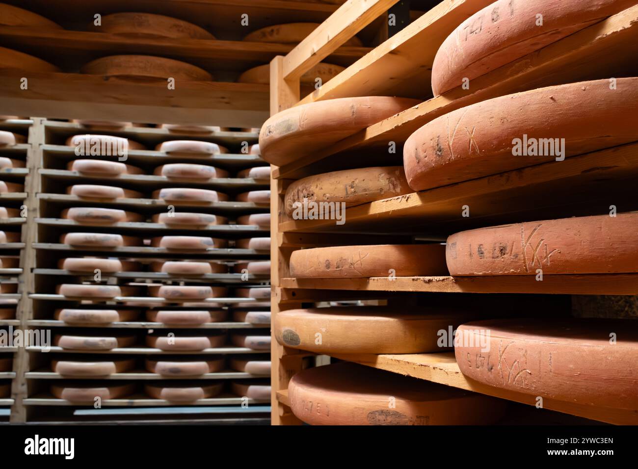 Aging rooms with many shelves in cheese caves, central location for ...