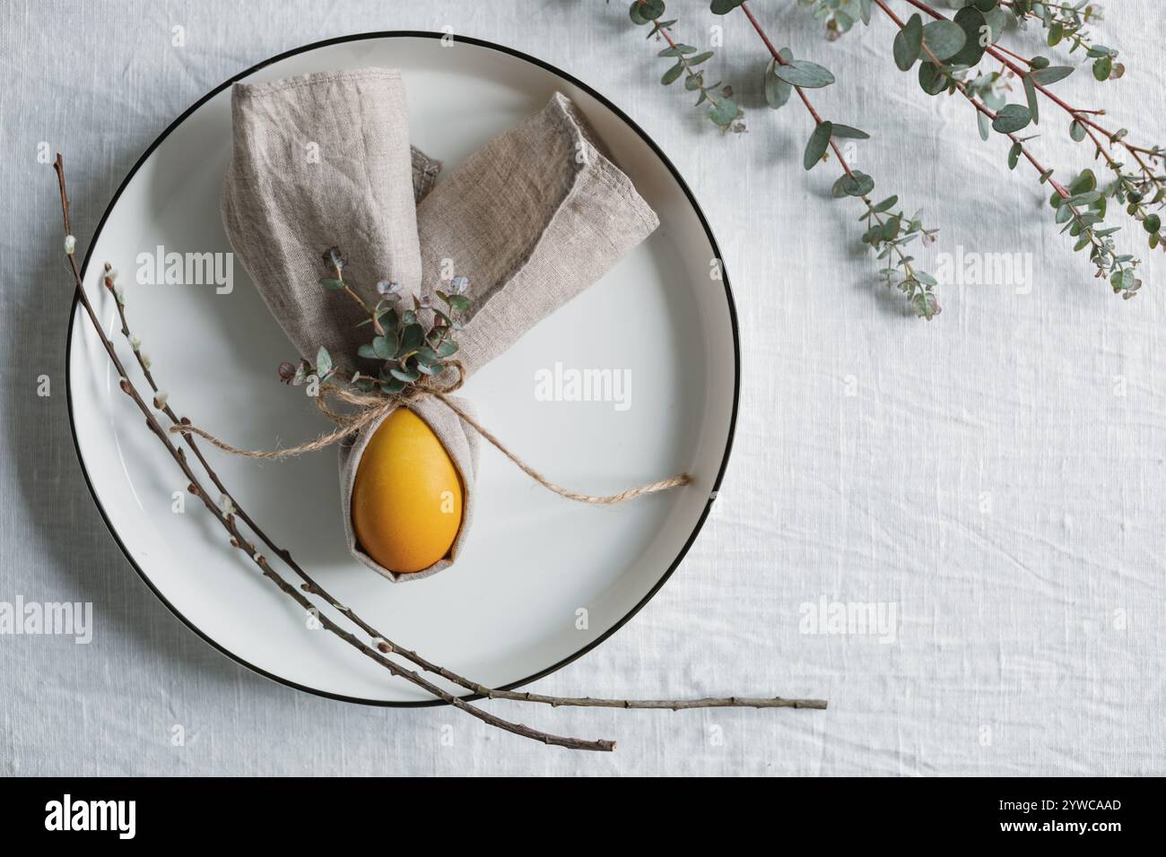 Overhead view of an Easter place setting with an Easter egg, a napkin ...