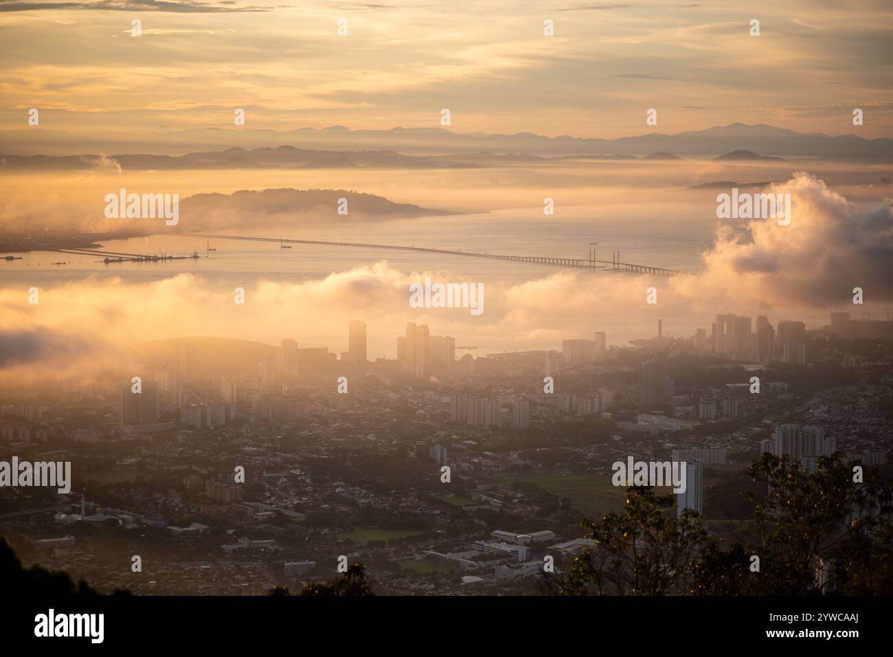 Aerial cityscape of George Town and Penang bridge across the Penang ...