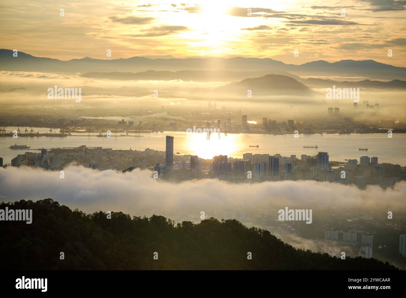 Aerial cityscape of George Town and Penang bridge across the Penang ...
