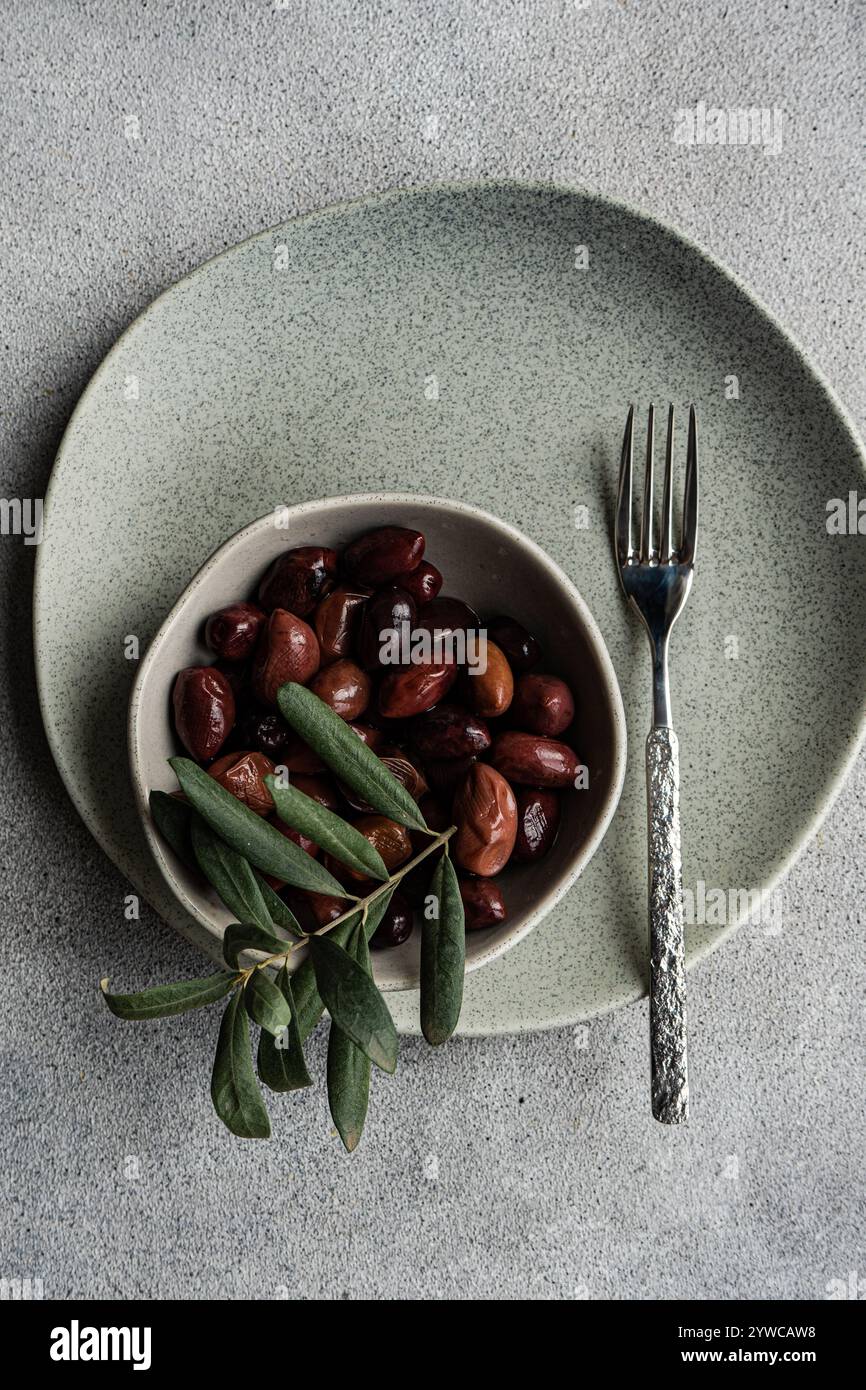 Overhead view of a bowl of black and brown marinated olives in a ...