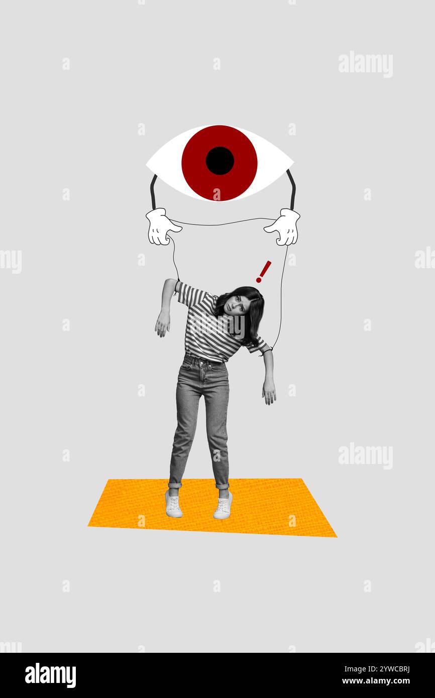 Vertical creative art collage of upset girl hang rope eyeball control ...