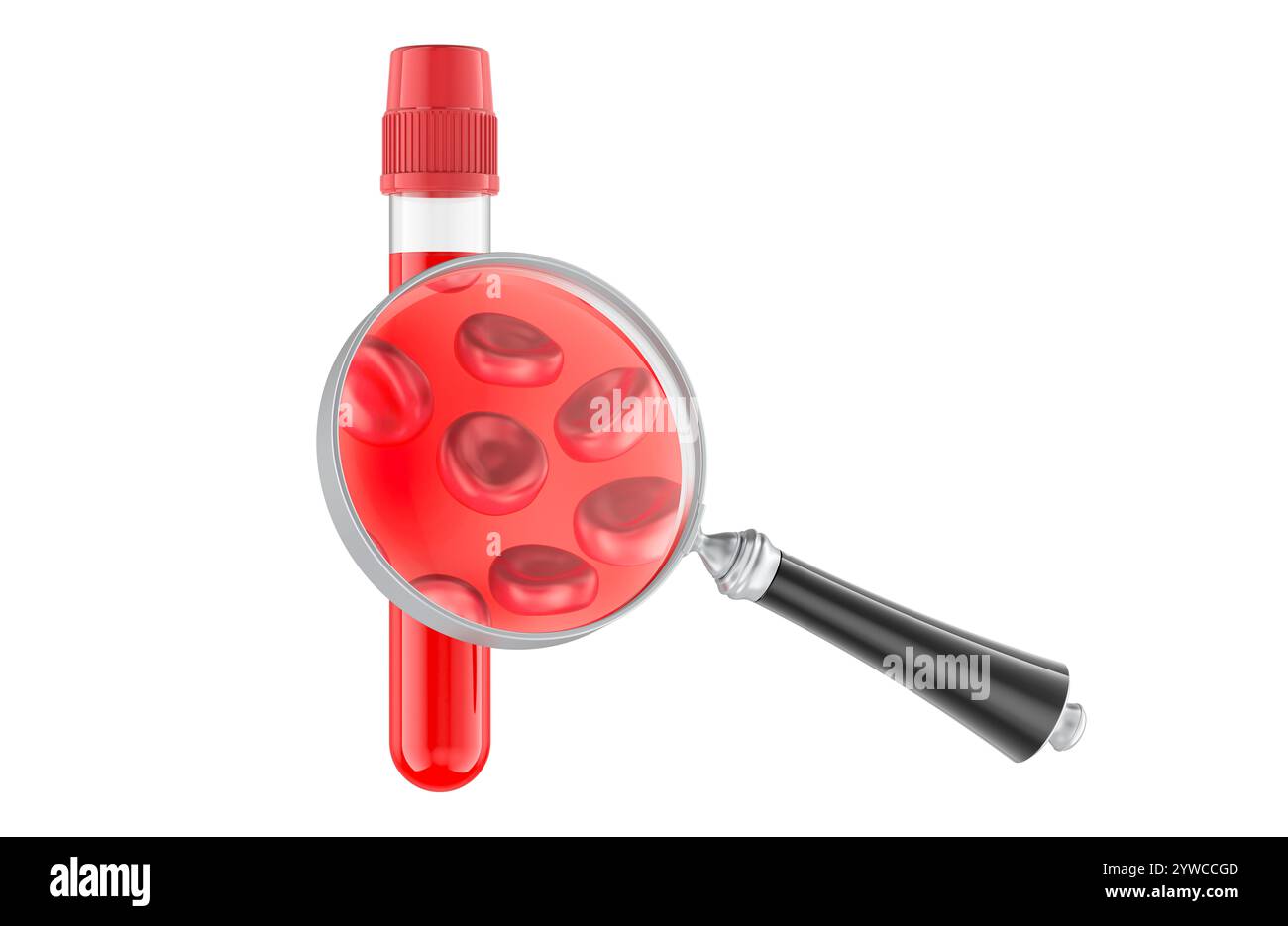 Test tube with sample blood under magnifying glass, 3D rendering ...