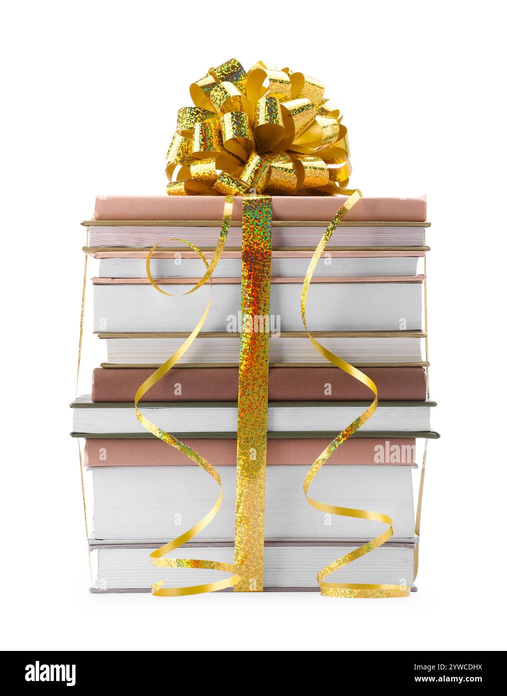 Stack of books with golden bow as gift isolated on white Stock Photo ...