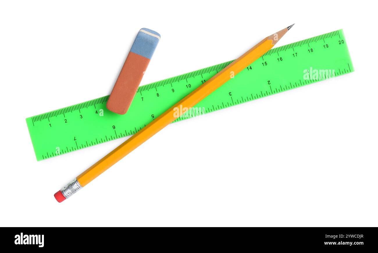 Ruler, pencil and eraser isolated on white, top view Stock Photo - Alamy