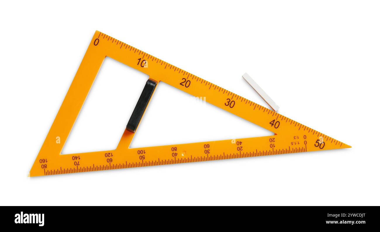 Triangle ruler and chalk isolated on white, top view Stock Photo - Alamy
