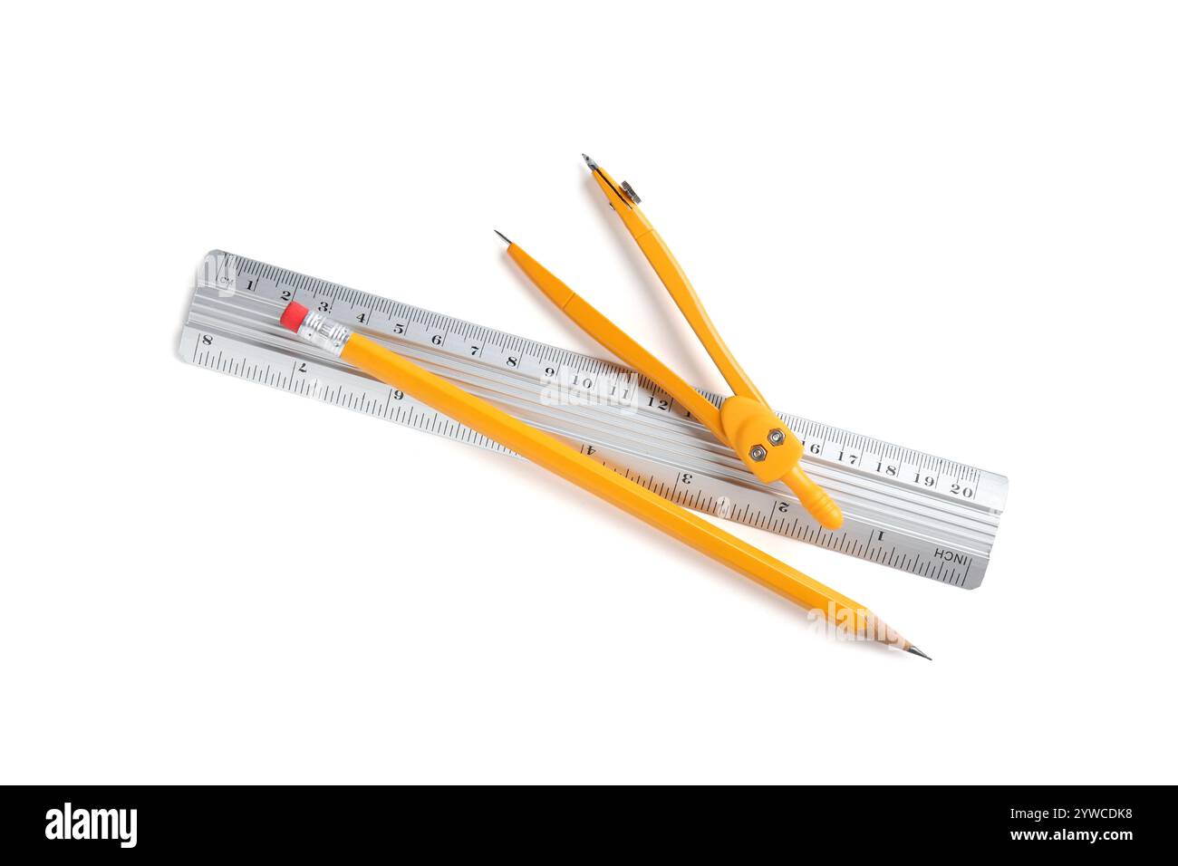 Ruler, pencil and compass isolated on white, top view Stock Photo - Alamy