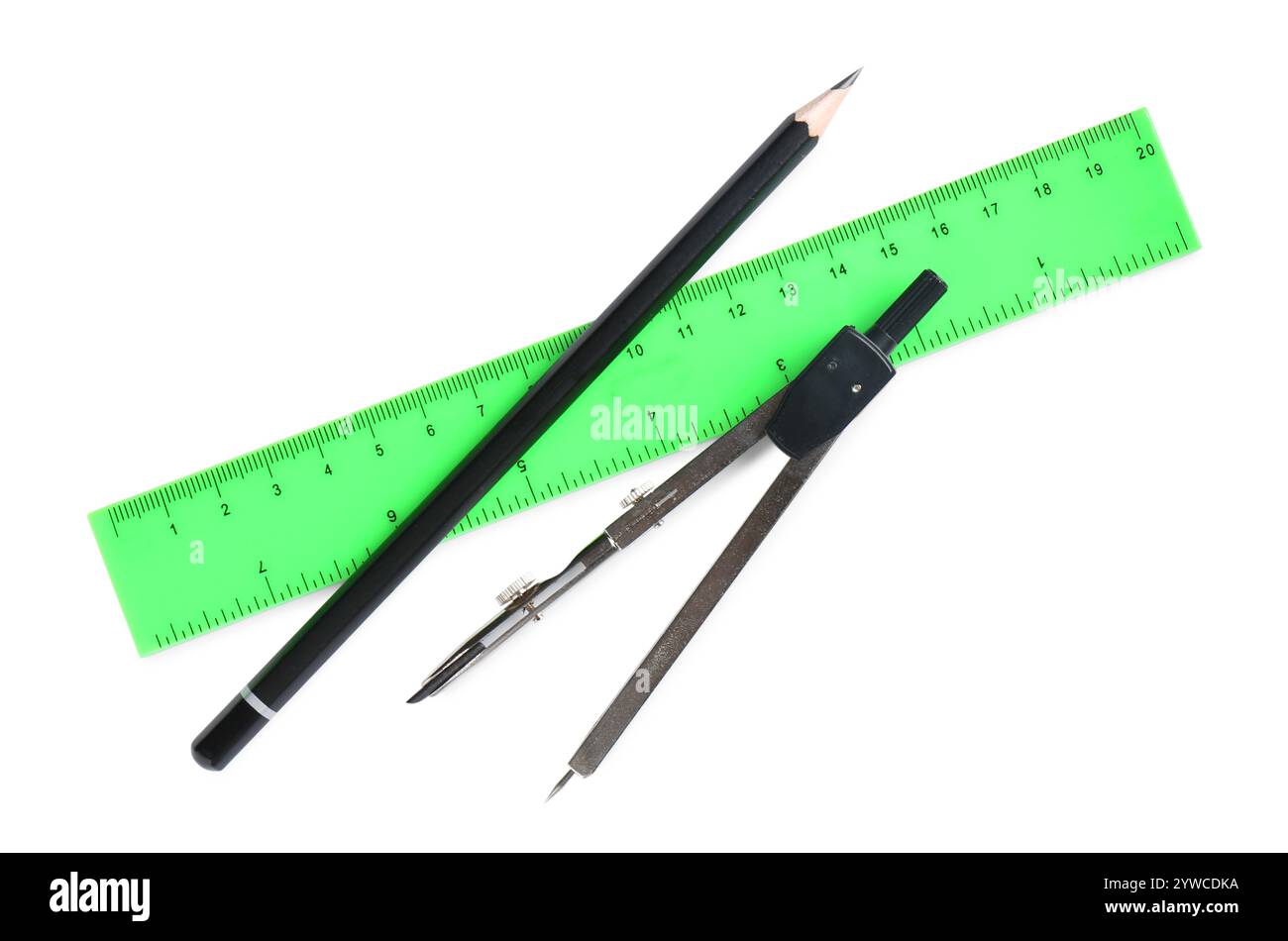 Ruler, pencil and compass isolated on white, top view Stock Photo - Alamy