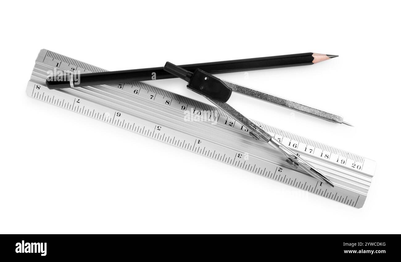 Ruler, pencil and compass isolated on white, top view Stock Photo - Alamy