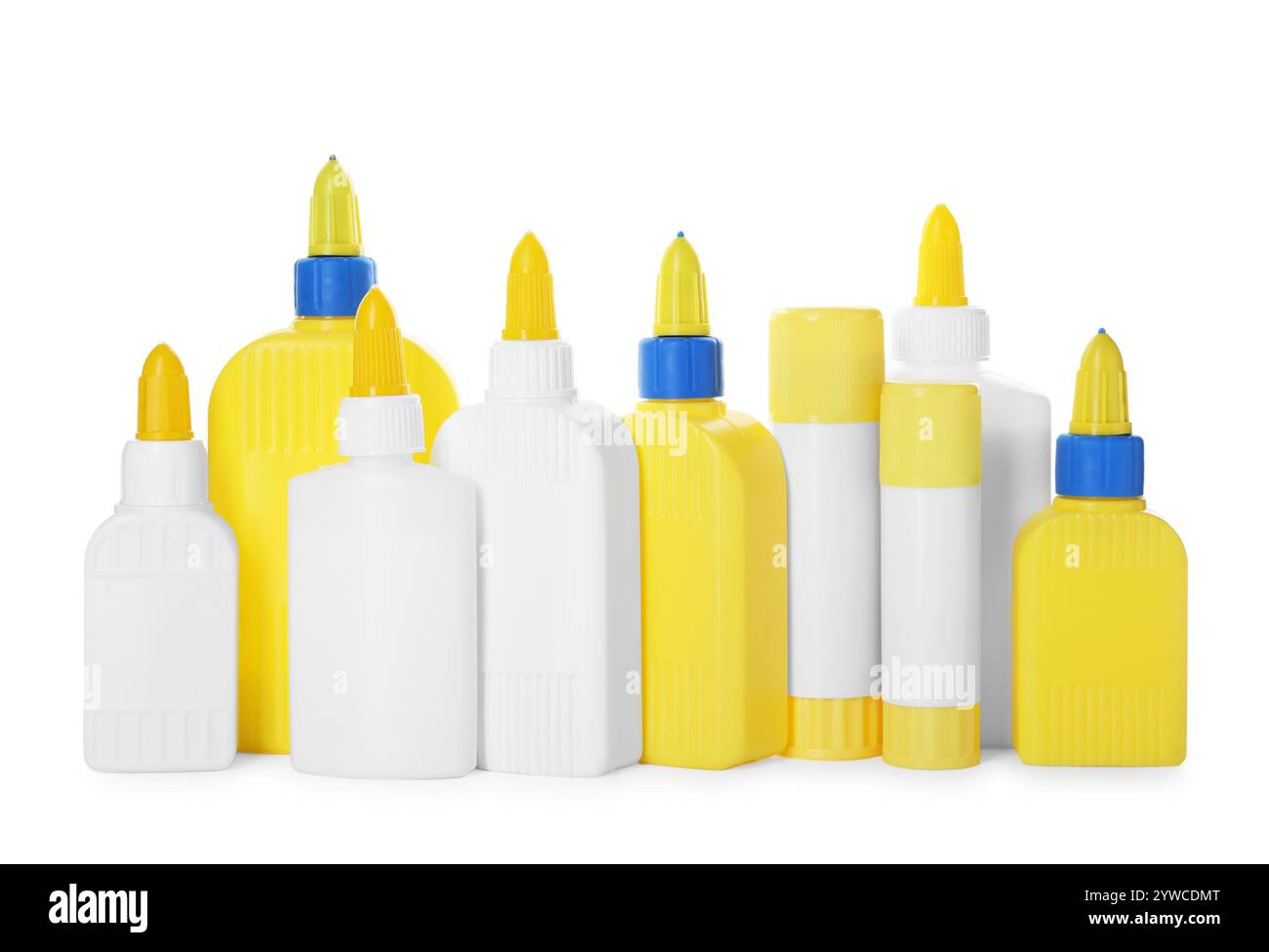 Bottles and sticks of glue on white background Stock Photo - Alamy