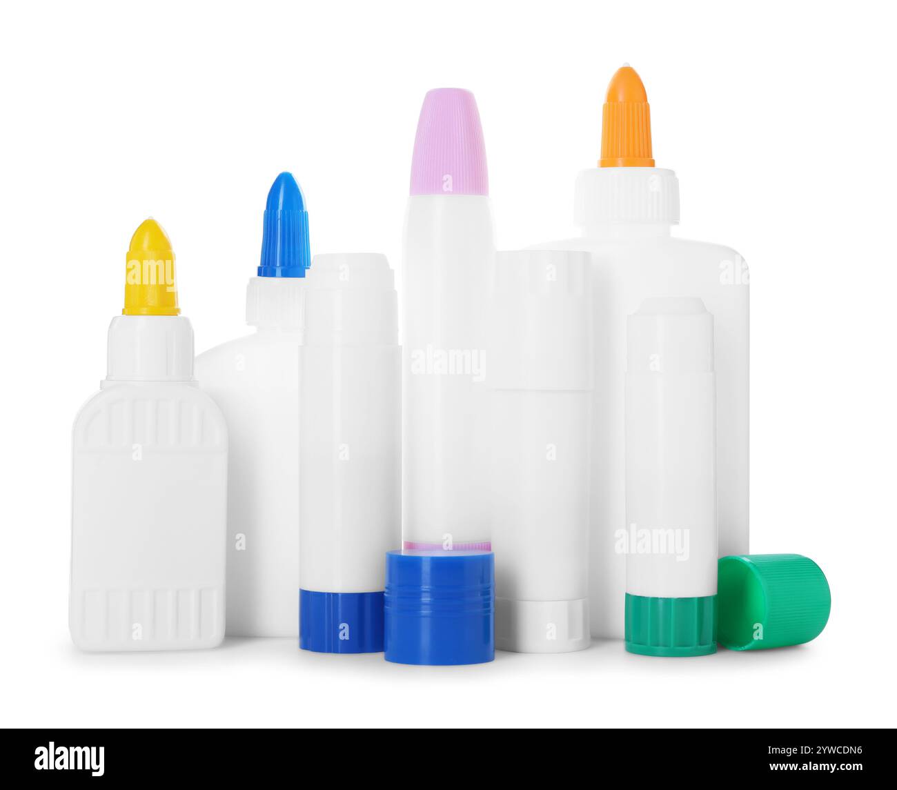 Bottles and sticks of glue on white background Stock Photo - Alamy