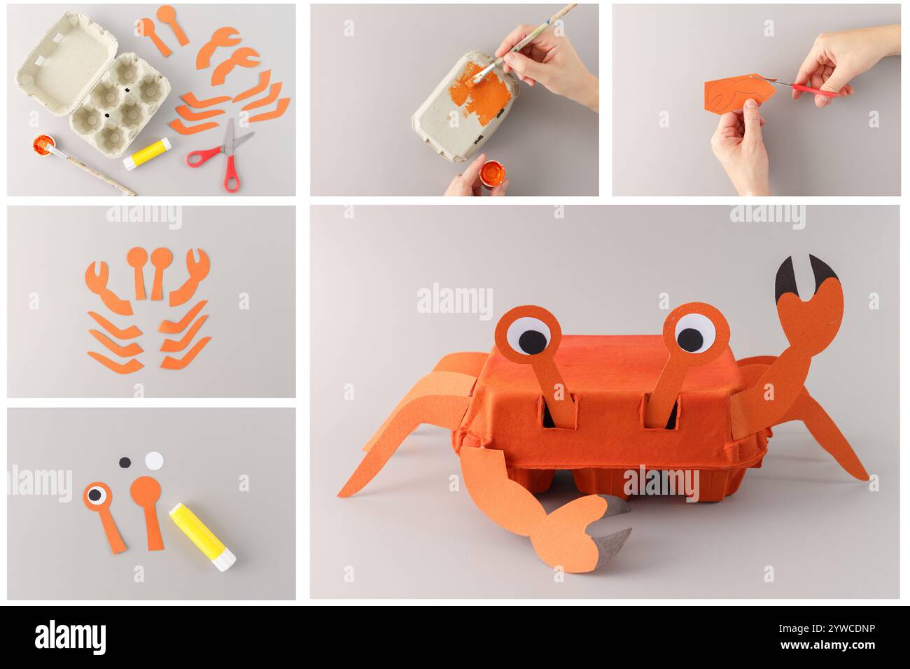 Step-by-step tutorial for making a crab craft from an egg carton and ...
