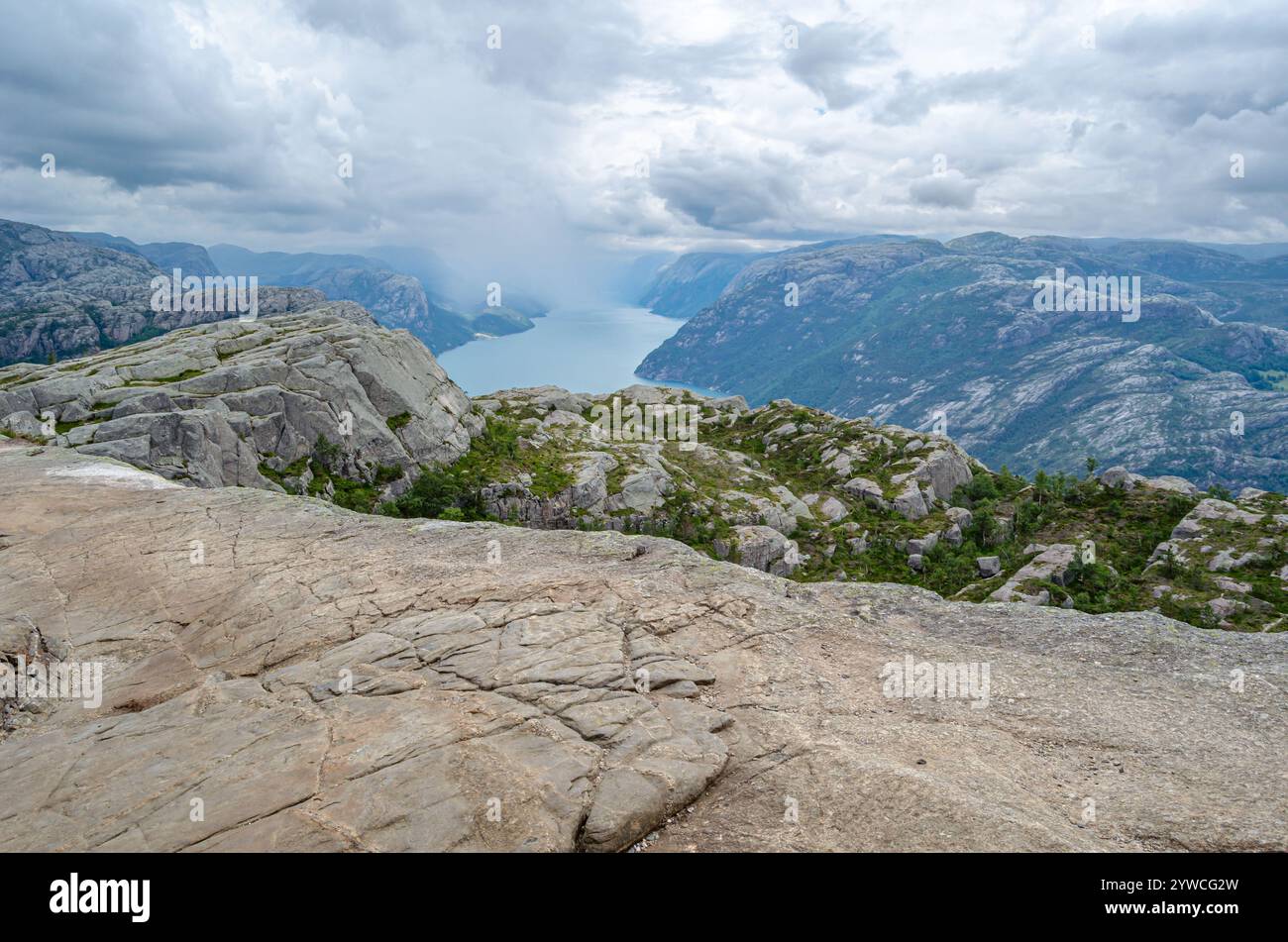 View of Lysefjorden fjord from Preikestolen (The Pulpit Rock), a ...