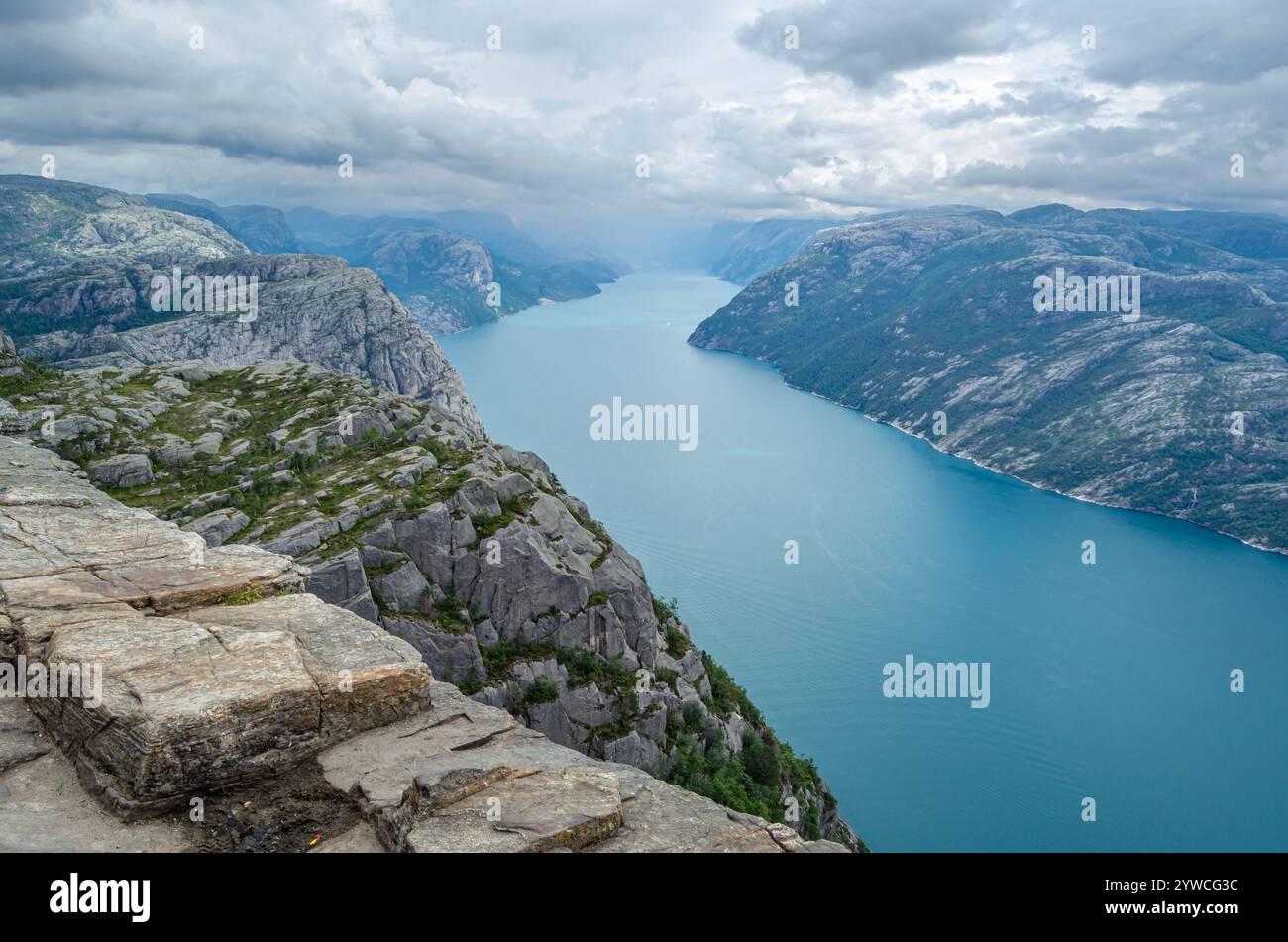 View of Lysefjorden fjord from Preikestolen (The Pulpit Rock), a ...