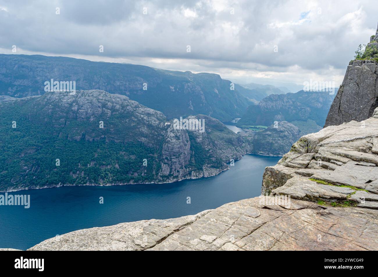 View of Lysefjorden fjord from Preikestolen (The Pulpit Rock), a ...