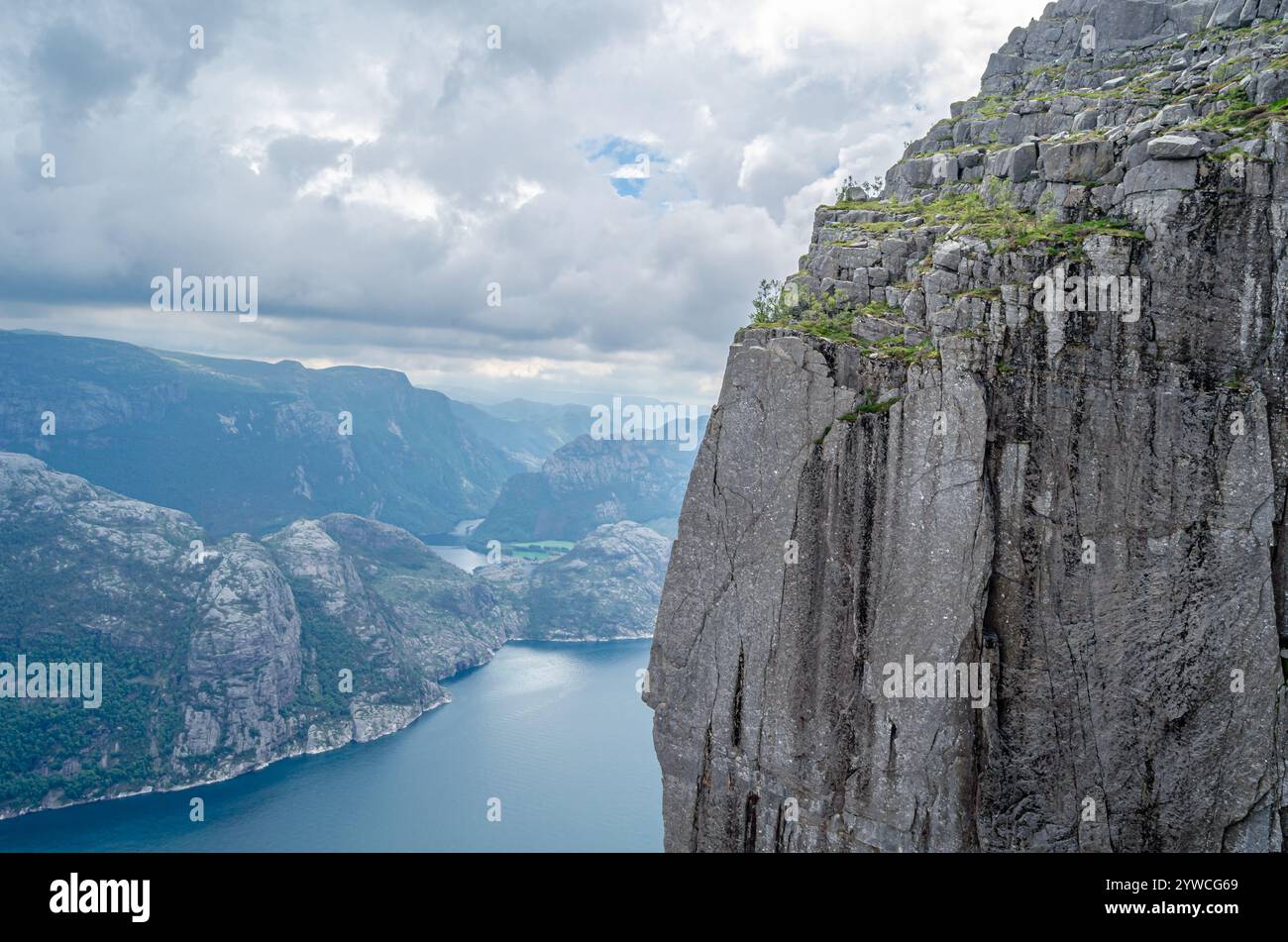 View of Lysefjorden fjord from Preikestolen (The Pulpit Rock), a ...