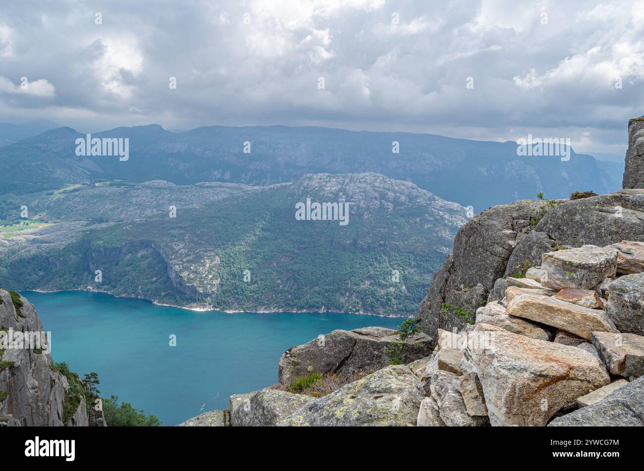 View of Lysefjorden fjord from Preikestolen (The Pulpit Rock), a ...