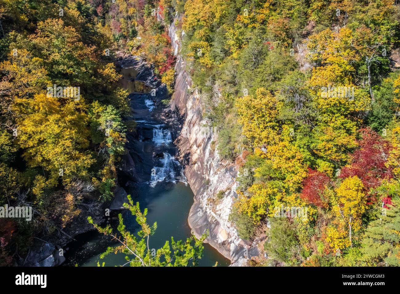 Tallulah Gorge State Park scenic overlook view of L'eau d'Or Falls in autumn at Tallulah Falls ...