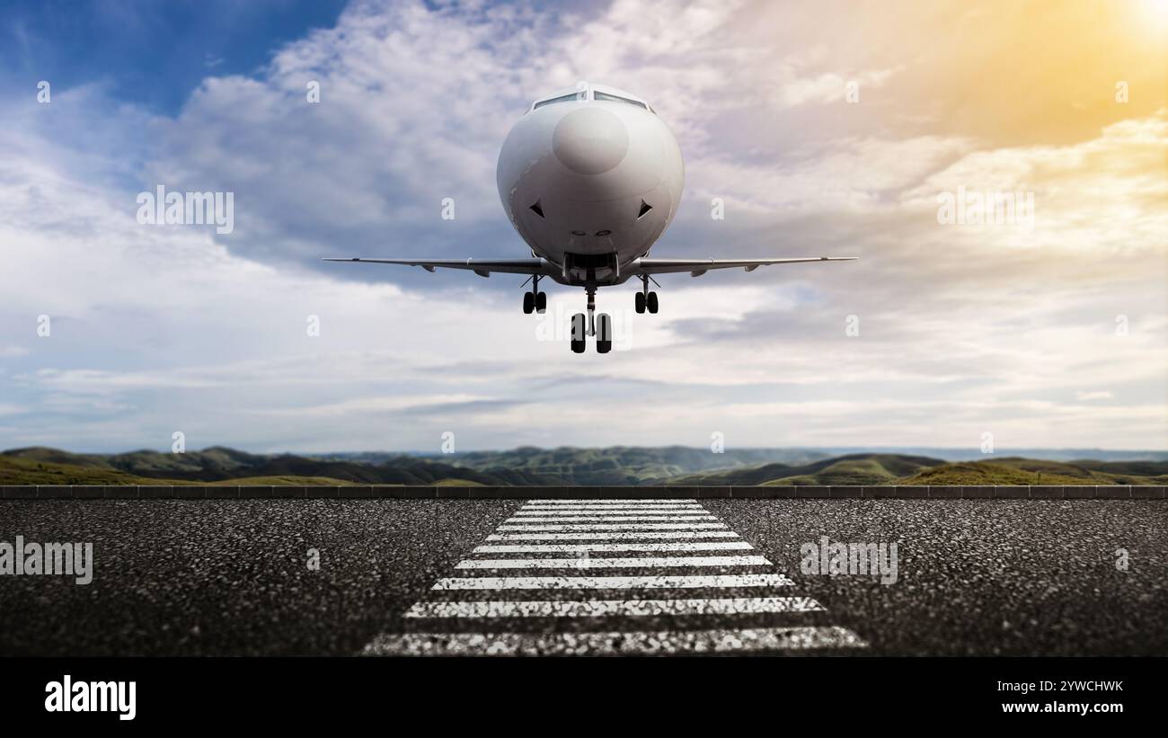 Commercial airplane flying in the sky above the city street with a ...