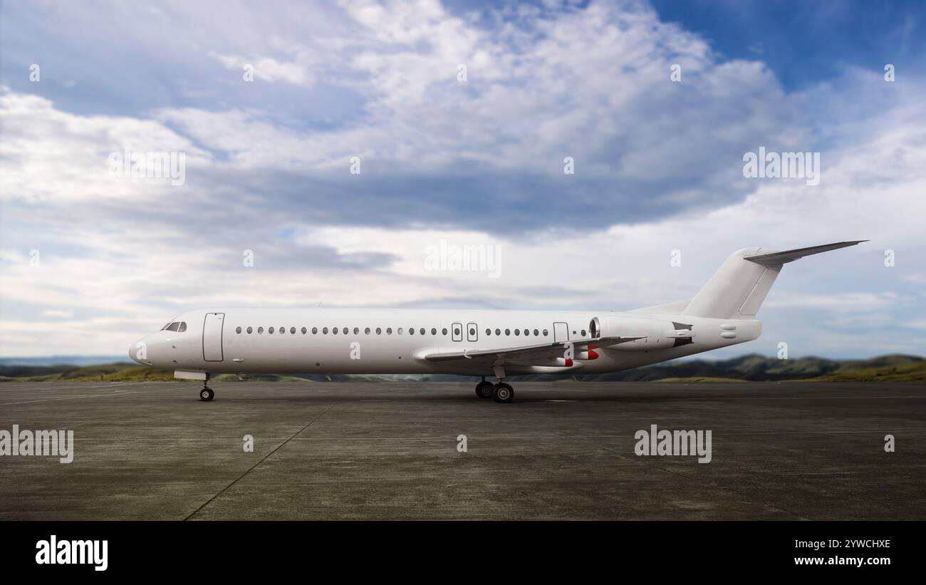 Commercial airplane on the runway with a blue sky background. Travel by ...