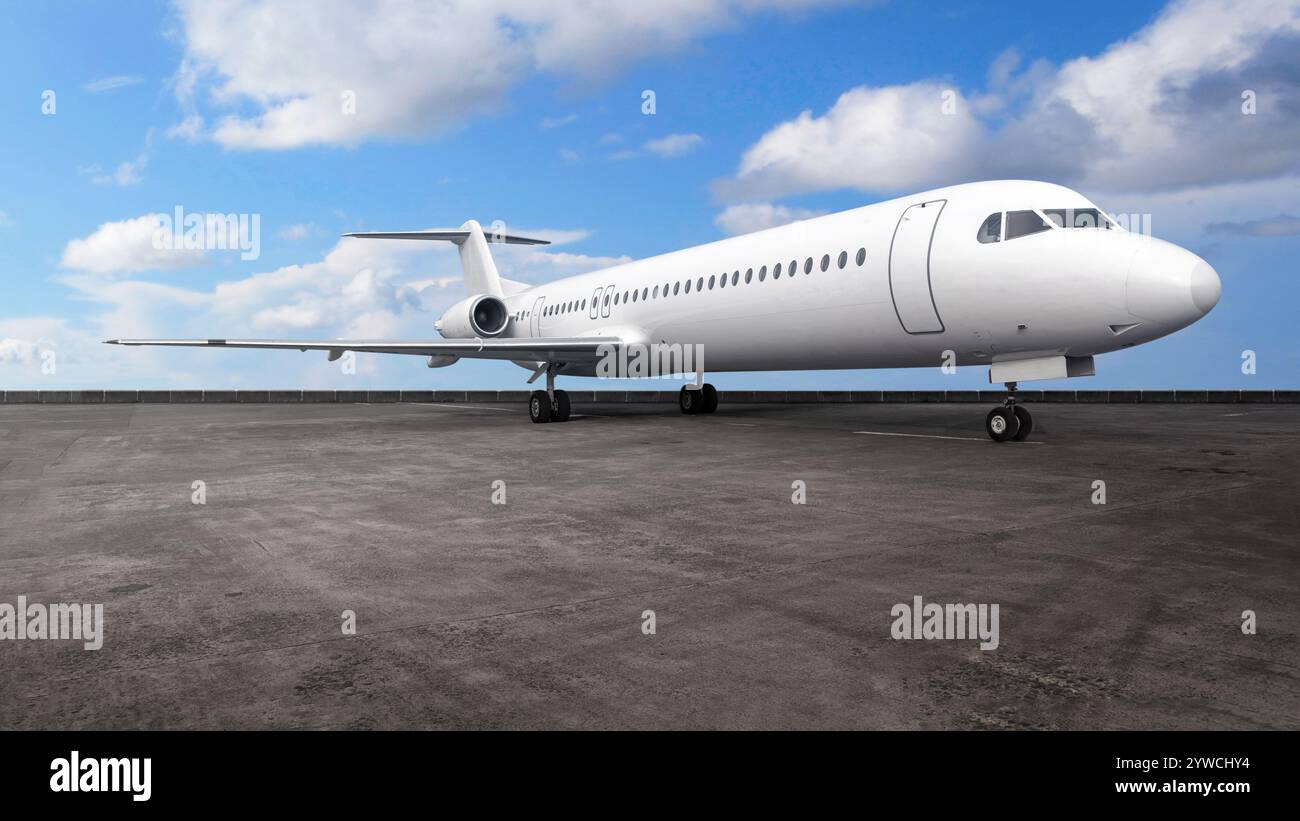 Commercial airplane on the runway with a blue sky background. Travel by ...