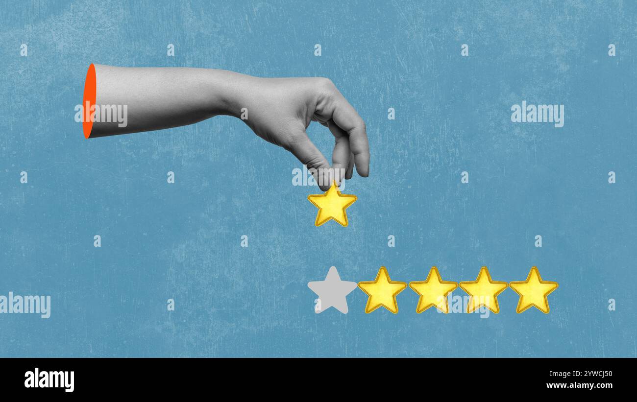 Human hand give a five star rating on a colored background. Concept of ...