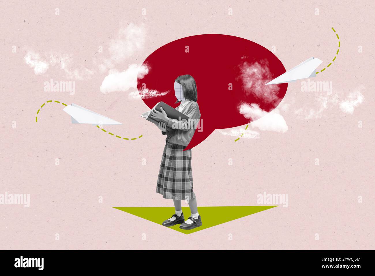 A student girl standing while reading a book on a colored background ...