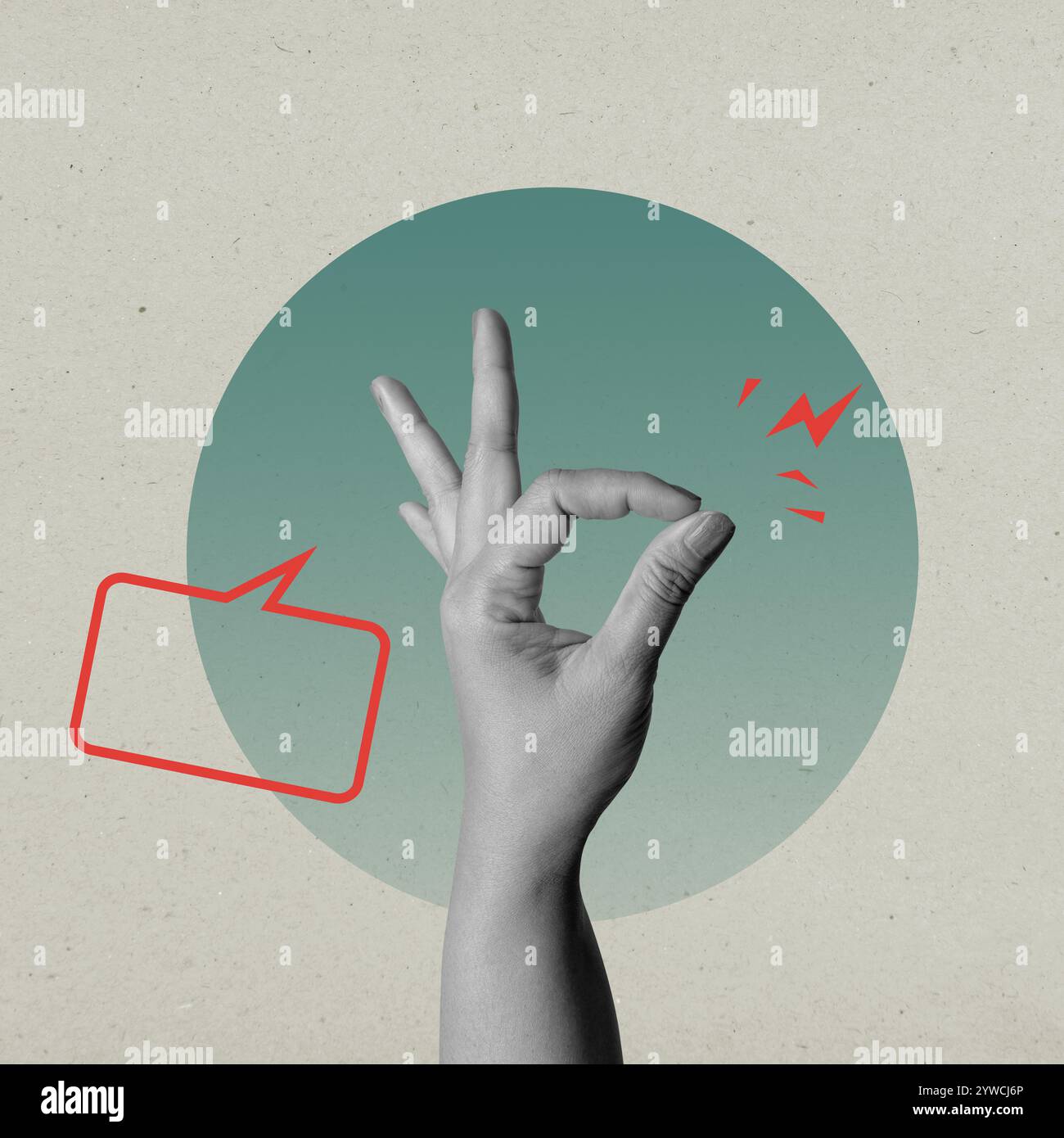 The human hand shows the ok sign gesture with a colored background ...