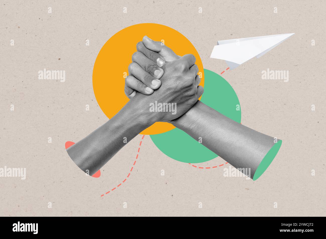 Two human hands with shaking hands gesture on a colored background ...