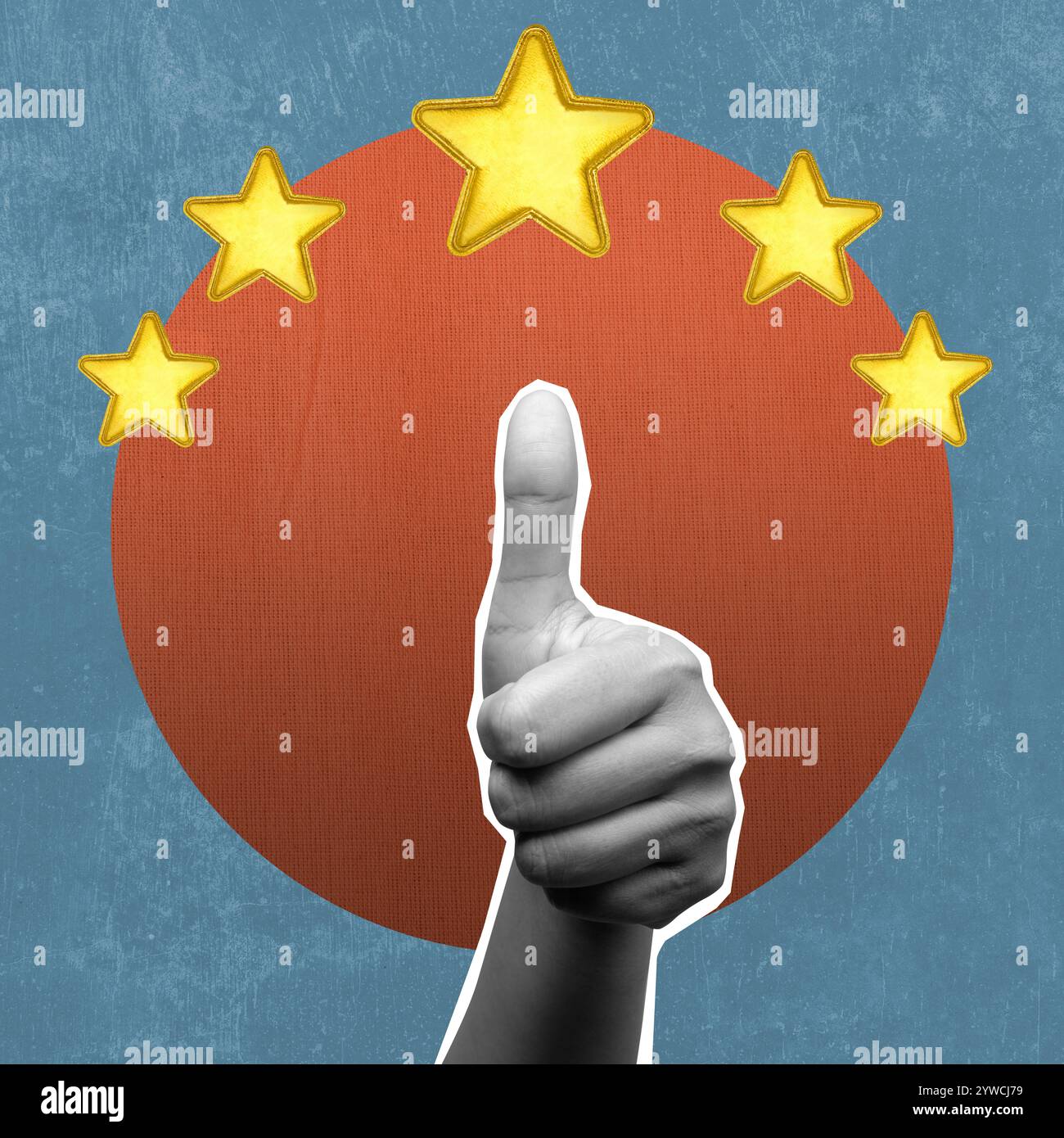 Human hand give a five star rating with thumb up gesture on a colored ...