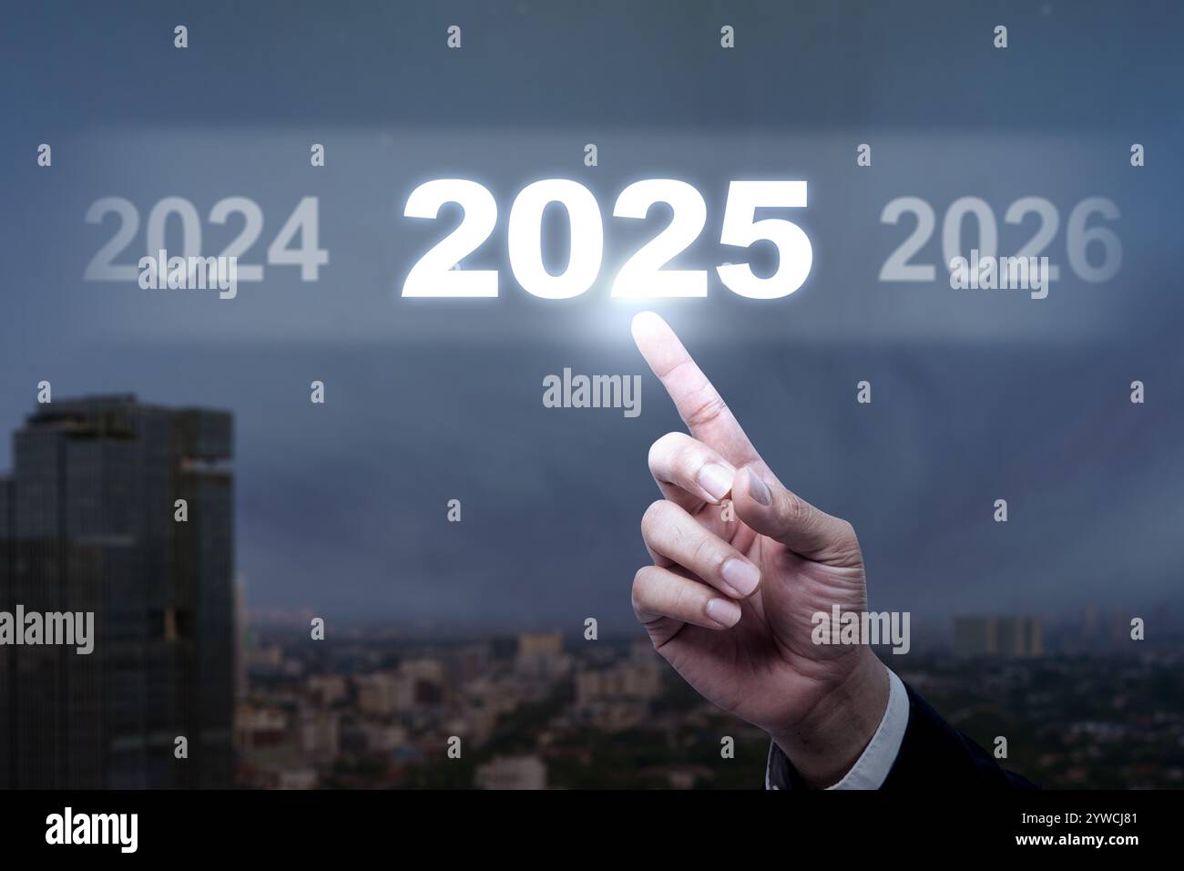 Business hand pointing to virtual 2025 number. Happy New Year concept or Celebration Stock Photo ...
