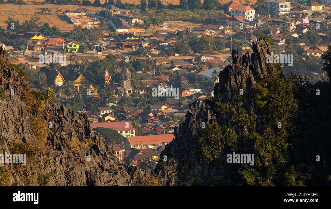 LaosHouses and buildings of the city of Vang Vieng as seen from Pha ...