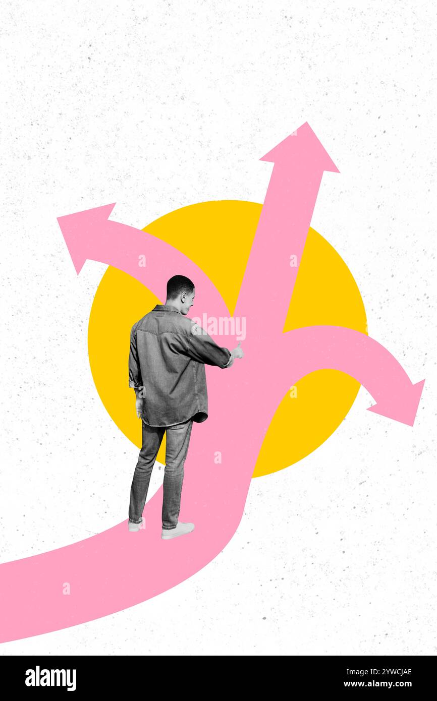 Vertical collage picture young man direction showing choose decide lost ...