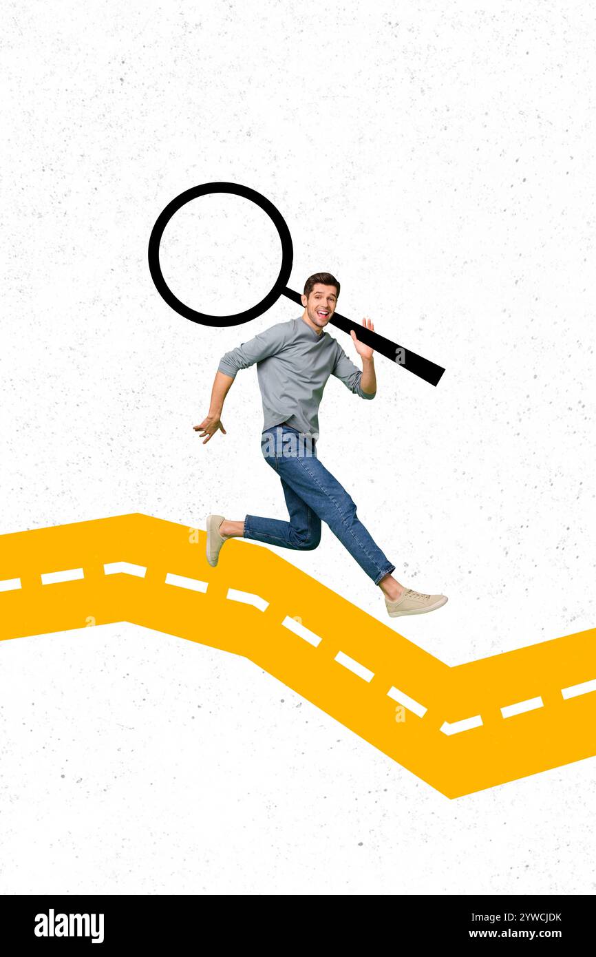 Vertical poster collage young man magnifying loop enlarger tool glass ...