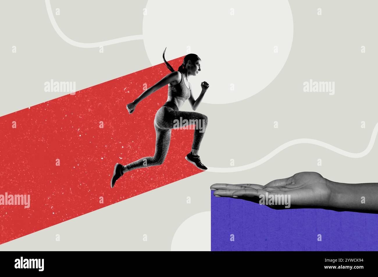 Creative photo collage picture young sportswoman runner go step ...