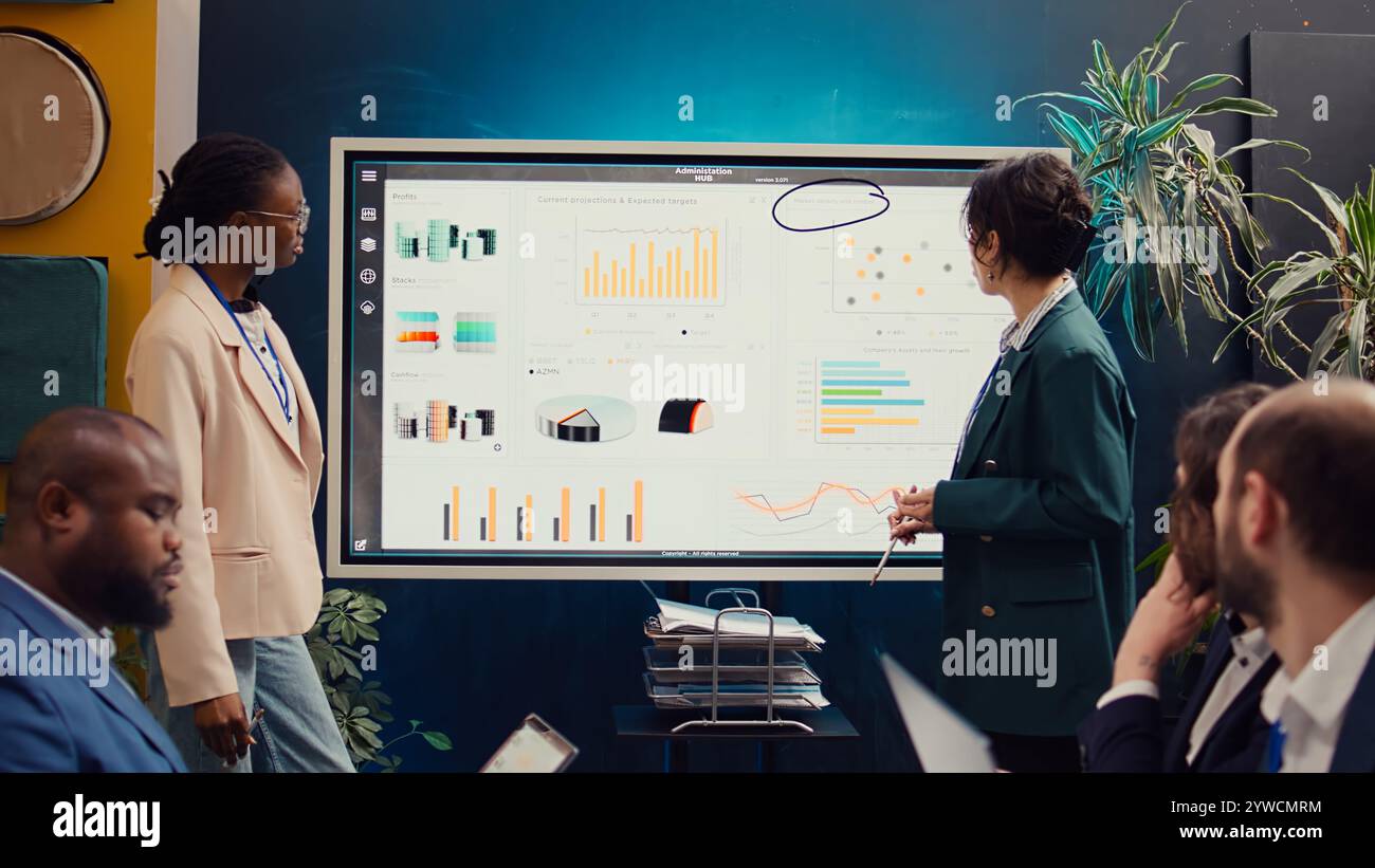 Marketing and PR team meeting to analyze infographics in conference ...