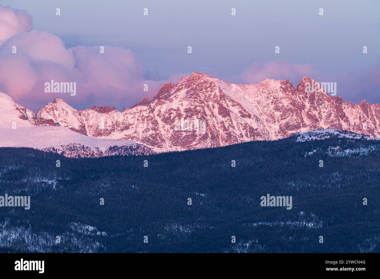 Dramatic Sunset on high mountain peaks, in north central Colorado. The ...