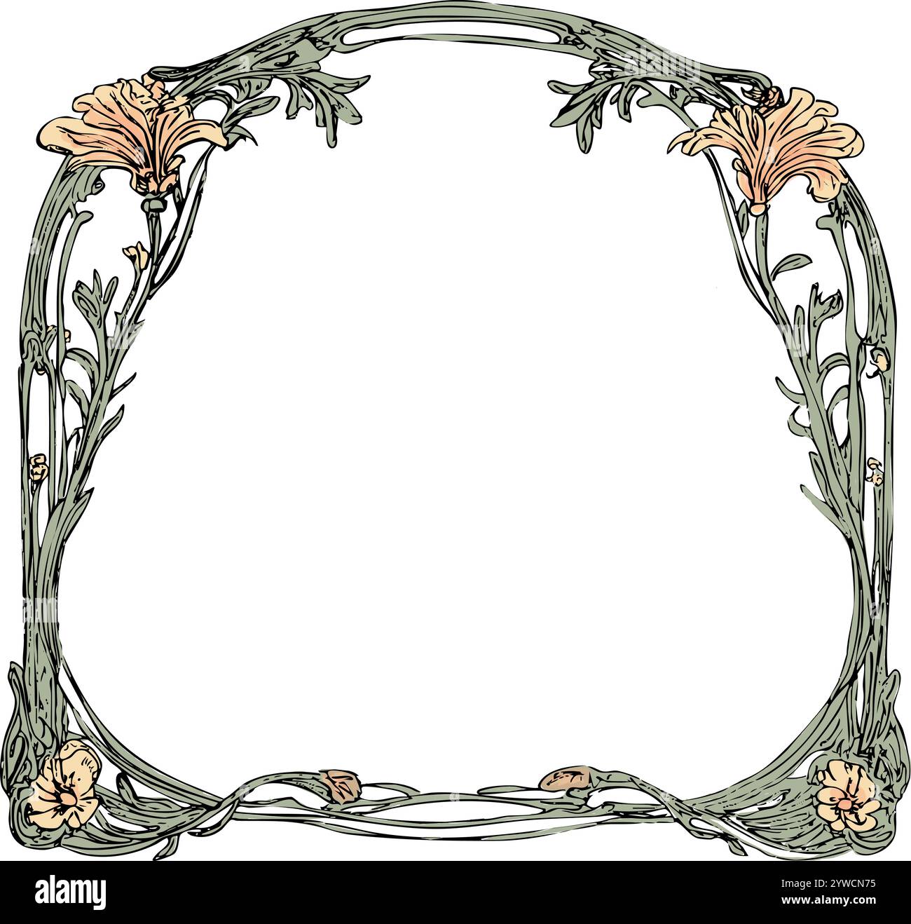 Art nouveau style border with yellow, tan, and pink floral elements ...