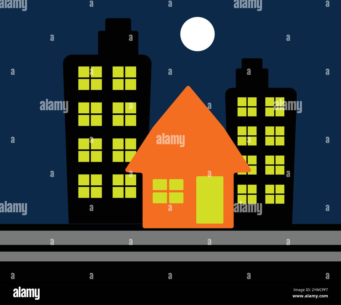 Orange house standing out among dark buildings at night with full moon ...