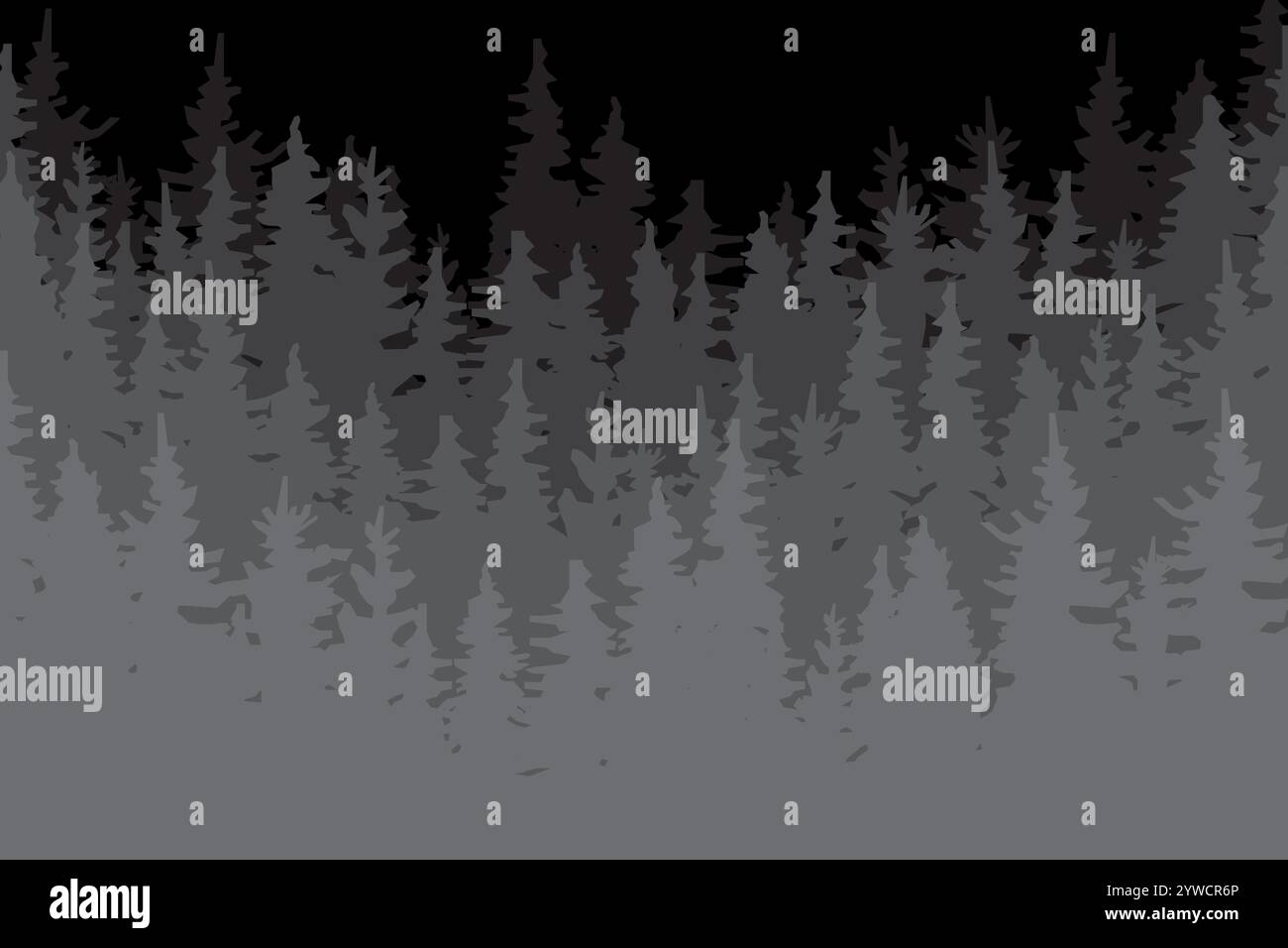 Dark forest silhouette. Grayscale tree layers. Dense woodland outline ...