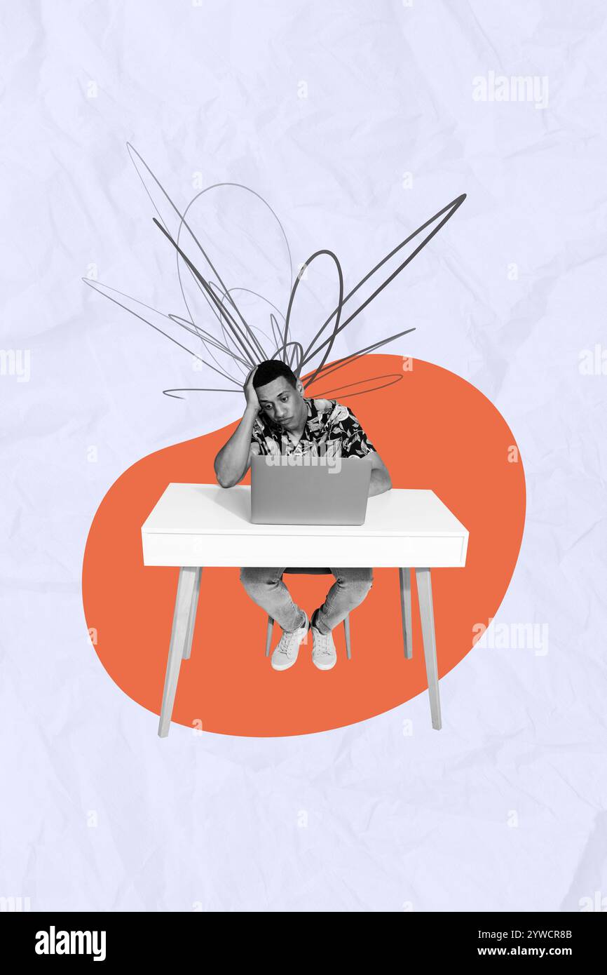 Vertical collage poster young overwhelmed exhausted man career work ...