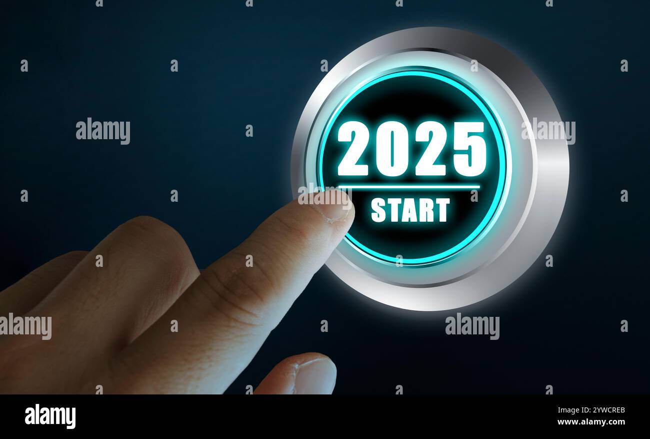 Finger about to press a car ignition button with the text 2025 start ...