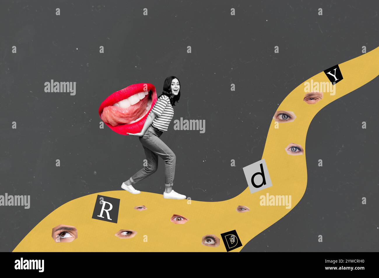 Poster trend sketch template 3D photo collage of line way eye fragment ...