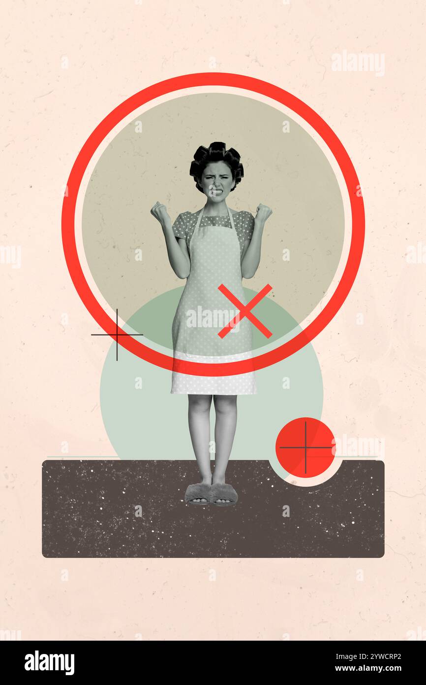 Image vertical art banner collage of sad housemaid girl wear curlers ...