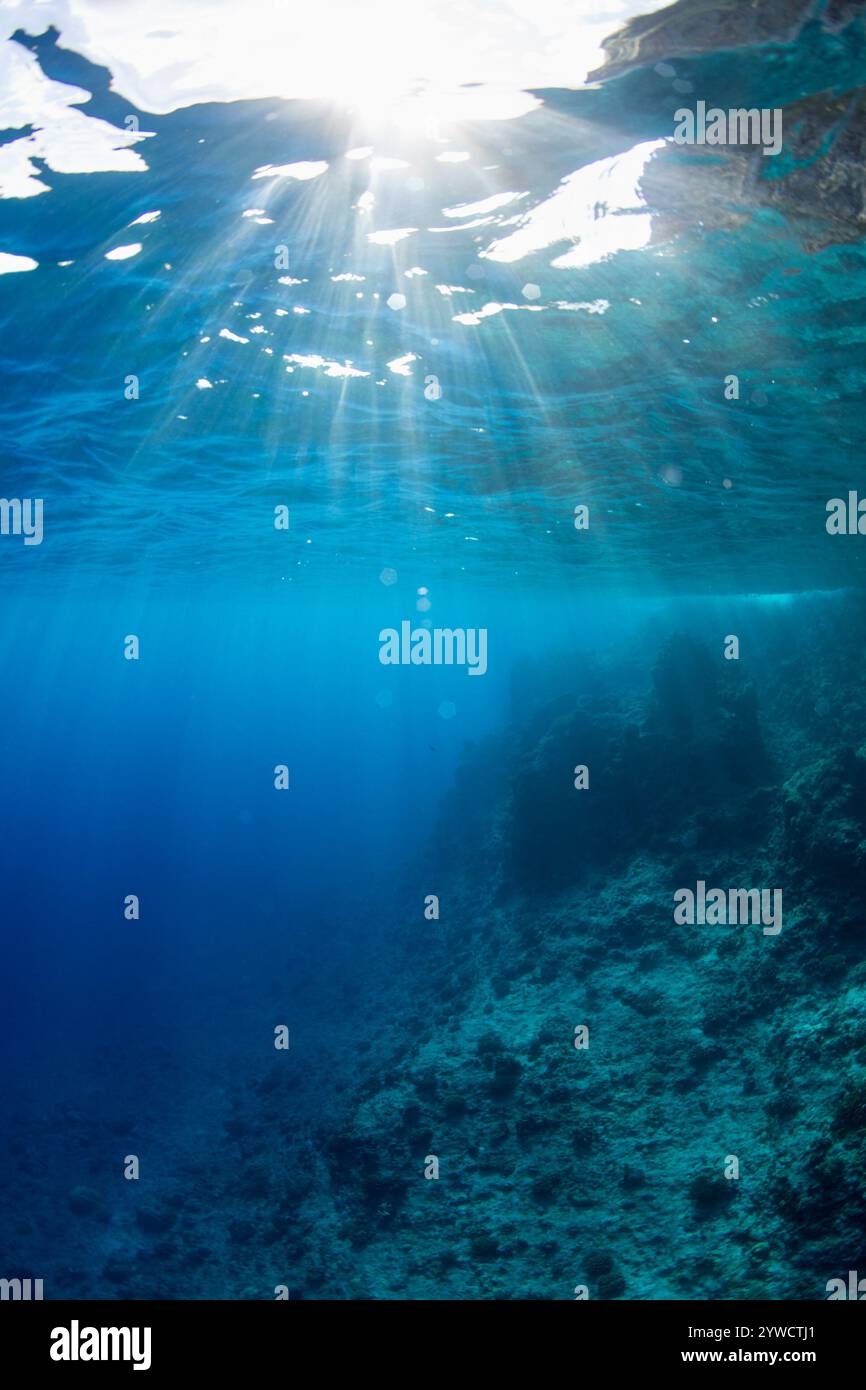 Sun rays through the clear blue waters off the coast of Orote Point ...