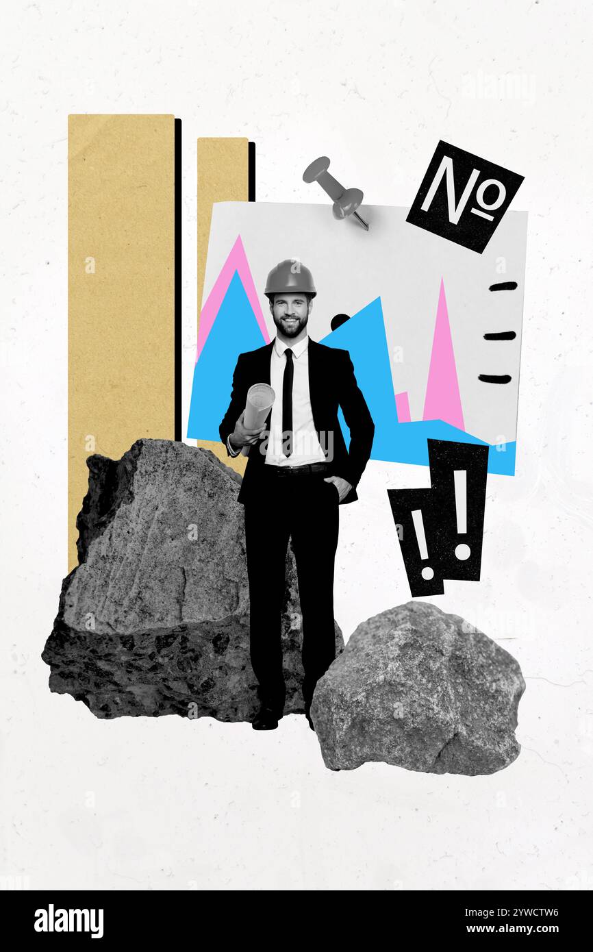 Vertical photo collage of happy business guy architect wear helmet ...