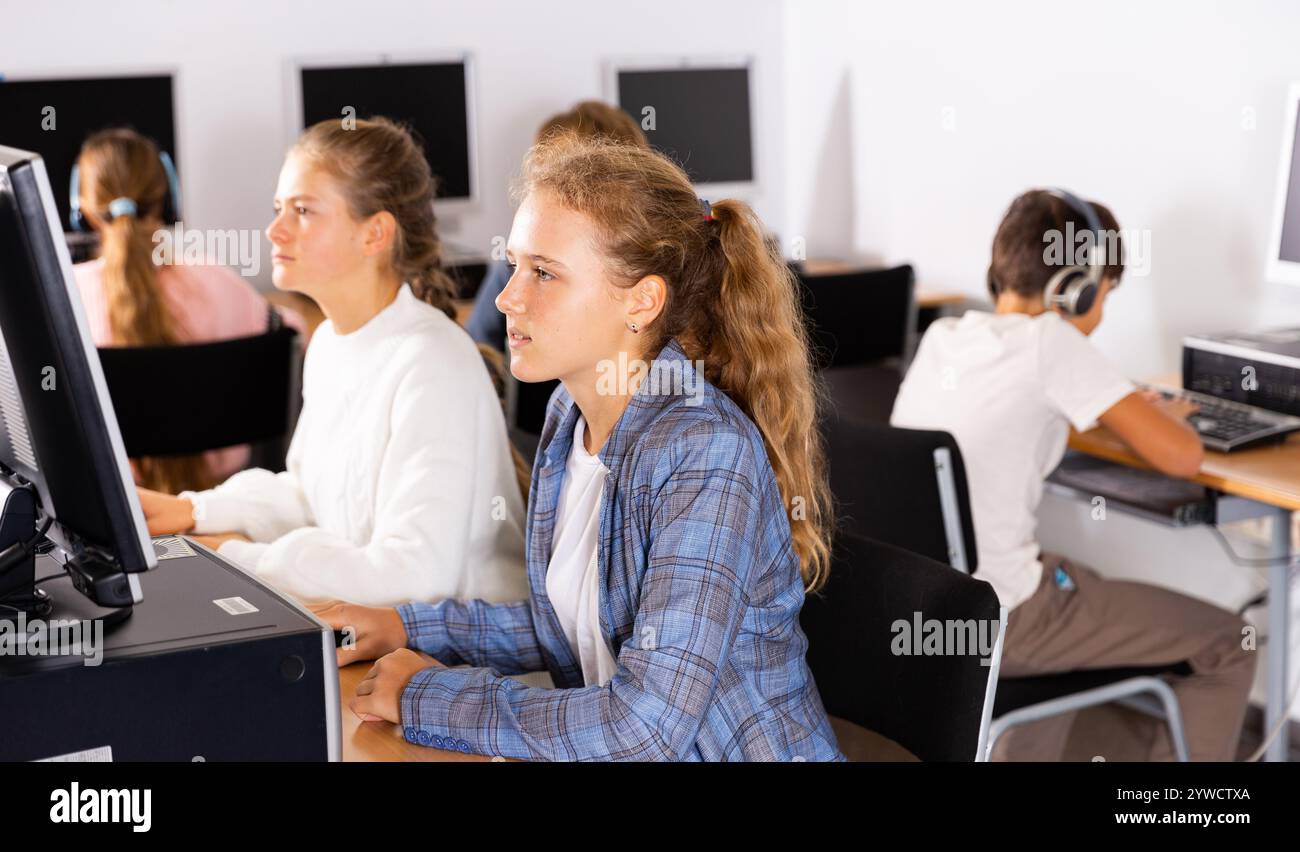 Portrait of female and male students working on computers in class room ...