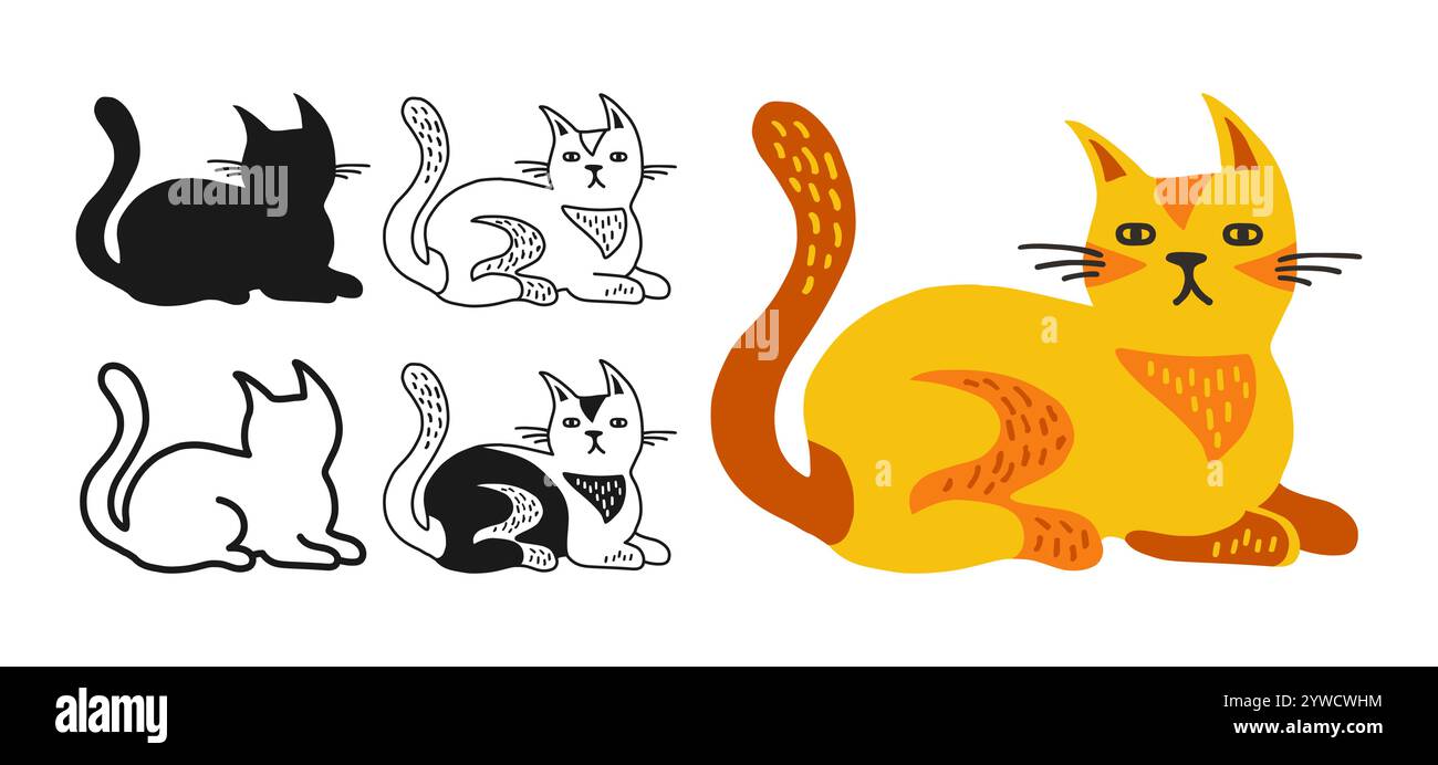 Cat symbol cartoon set. Abstract hand drawn comic kitten linear icon ...