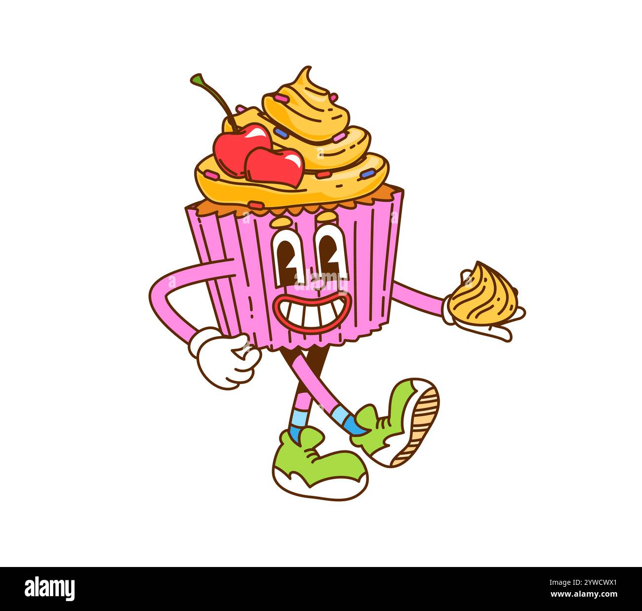 Retro cartoon groovy cupcake hippie fast food character. Vector muffin ...