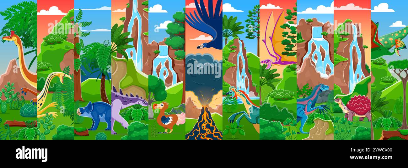 Cartoon prehistoric dinosaurs collage of vector jurassic reptiles and ...